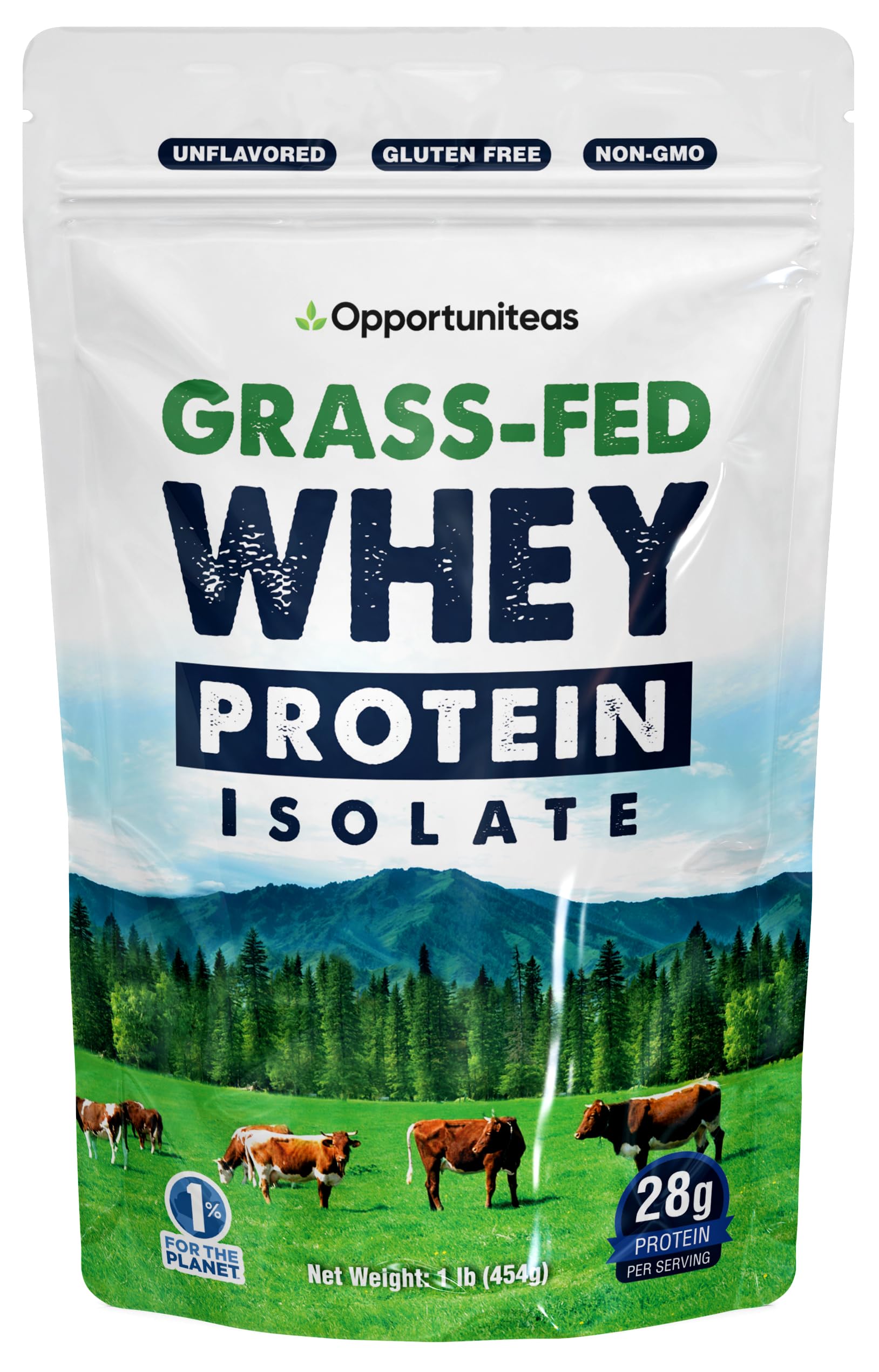 Opportuniteas Grass Fed Whey Isolate Protein Powder - Unflavored 28g Protein Powder without Artificial Sweeteners, Hormone-Free Cows, Non GMO - 1lb