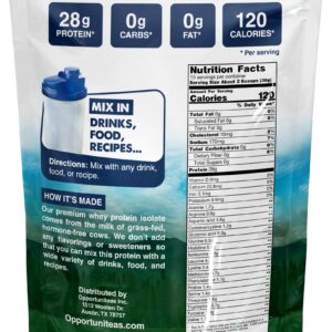 Opportuniteas Grass Fed Whey Isolate Protein Powder - Unflavored 28g Protein Powder without Artificial Sweeteners, Hormone-Free Cows, Non GMO - 1lb