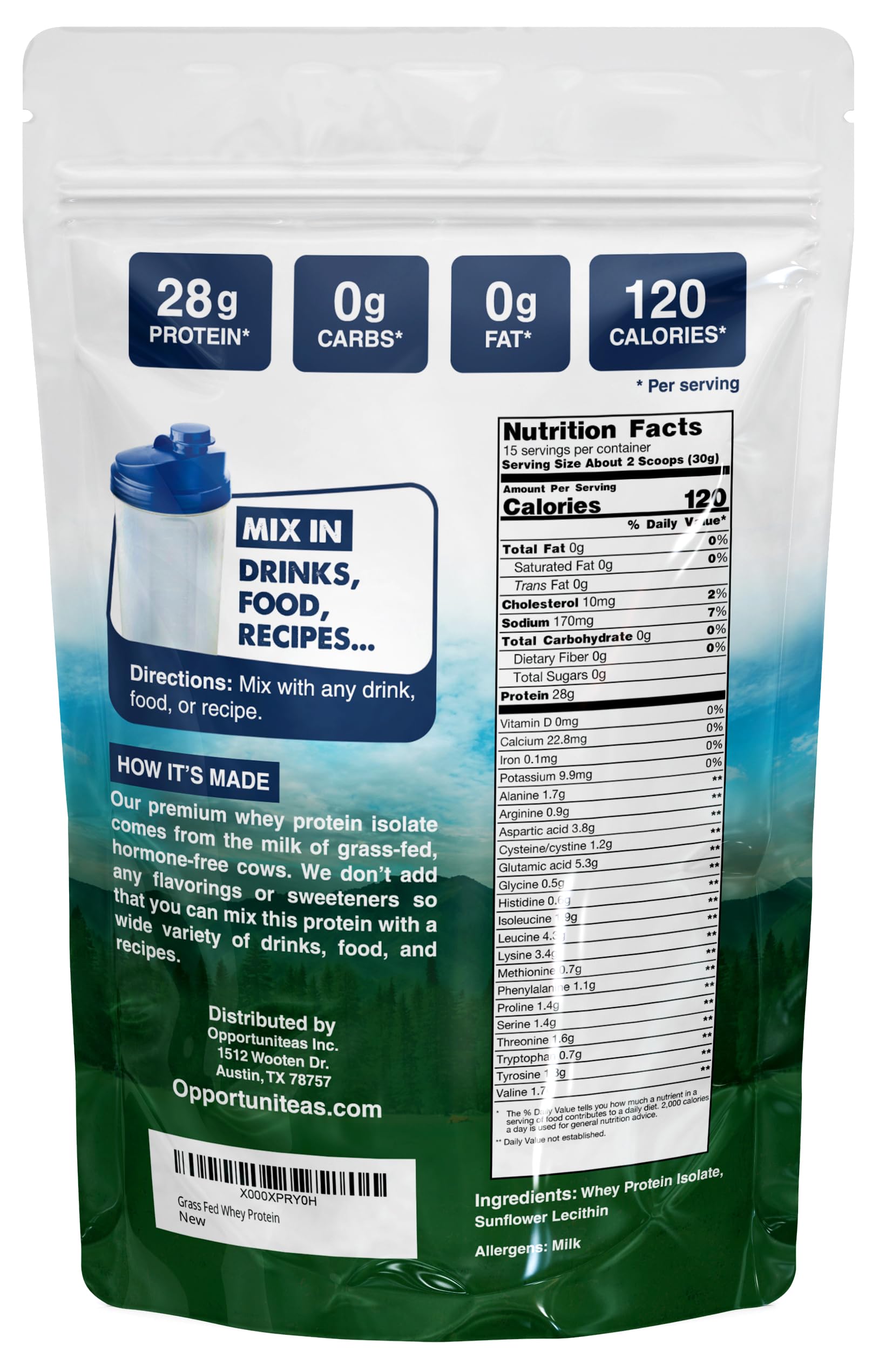 Opportuniteas Grass Fed Whey Isolate Protein Powder - Unflavored 28g Protein Powder without Artificial Sweeteners, Hormone-Free Cows, Non GMO - 1lb