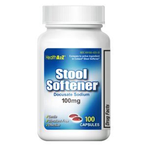 healtha2z® stool softener | docusate sodium 100mg | red & white capsules | dependable | gentle constipation relief (100 counts)