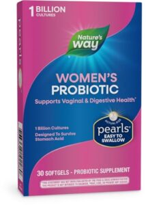 nature's way women's probiotic pearls, supports vaginal and digestive health*, protects against occasional constipation & bloating*, 1 billion live cultures, 30 softgels (packaging may vary)