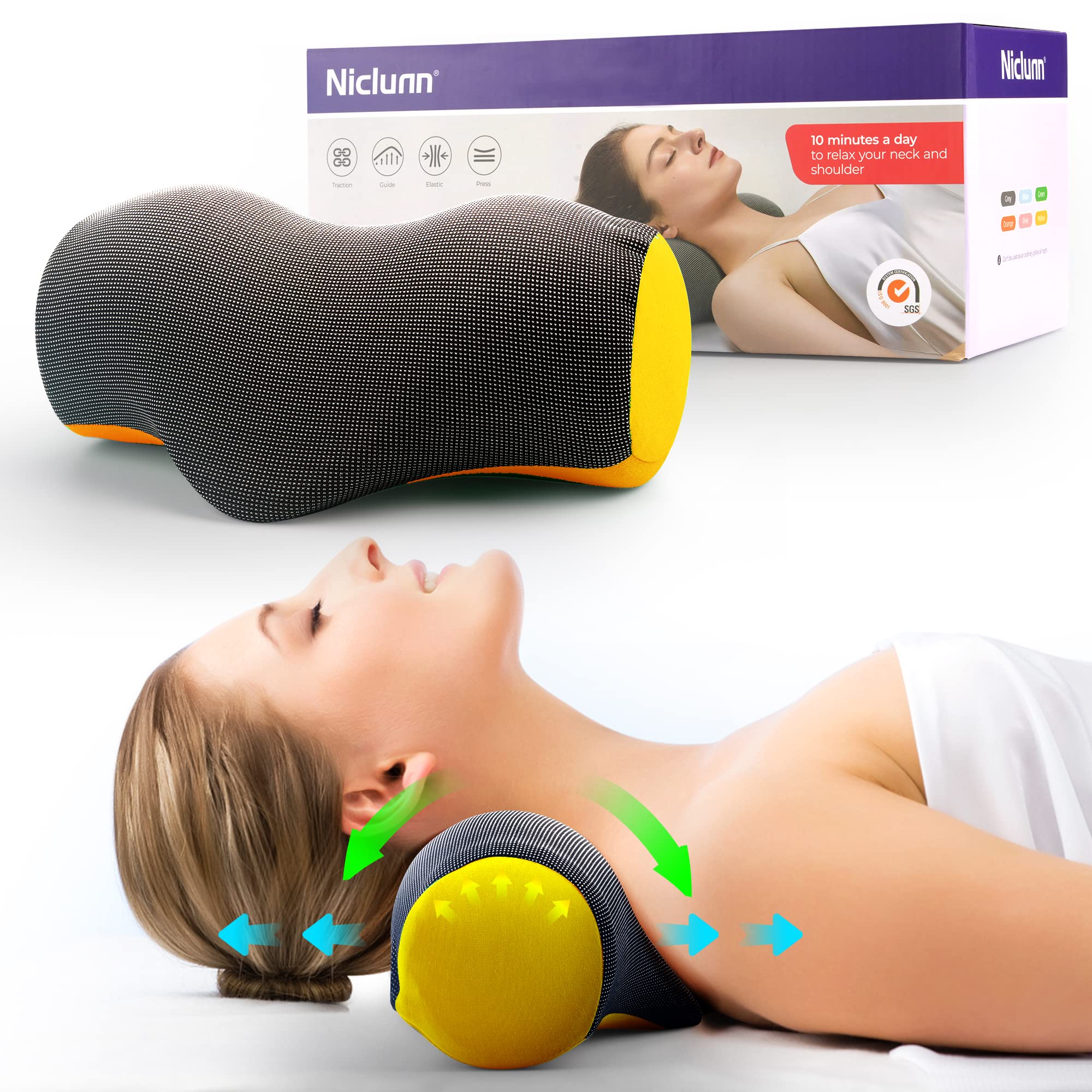 Neck Stretcher for Neck Pain Relief, Cervical Neck Traction Device with Magnetic Therapy Pillowcase, Neck Hump Corrector, Neck and Shoulder Relaxer for TMJ, Cervical Spine Alignment, Yellow