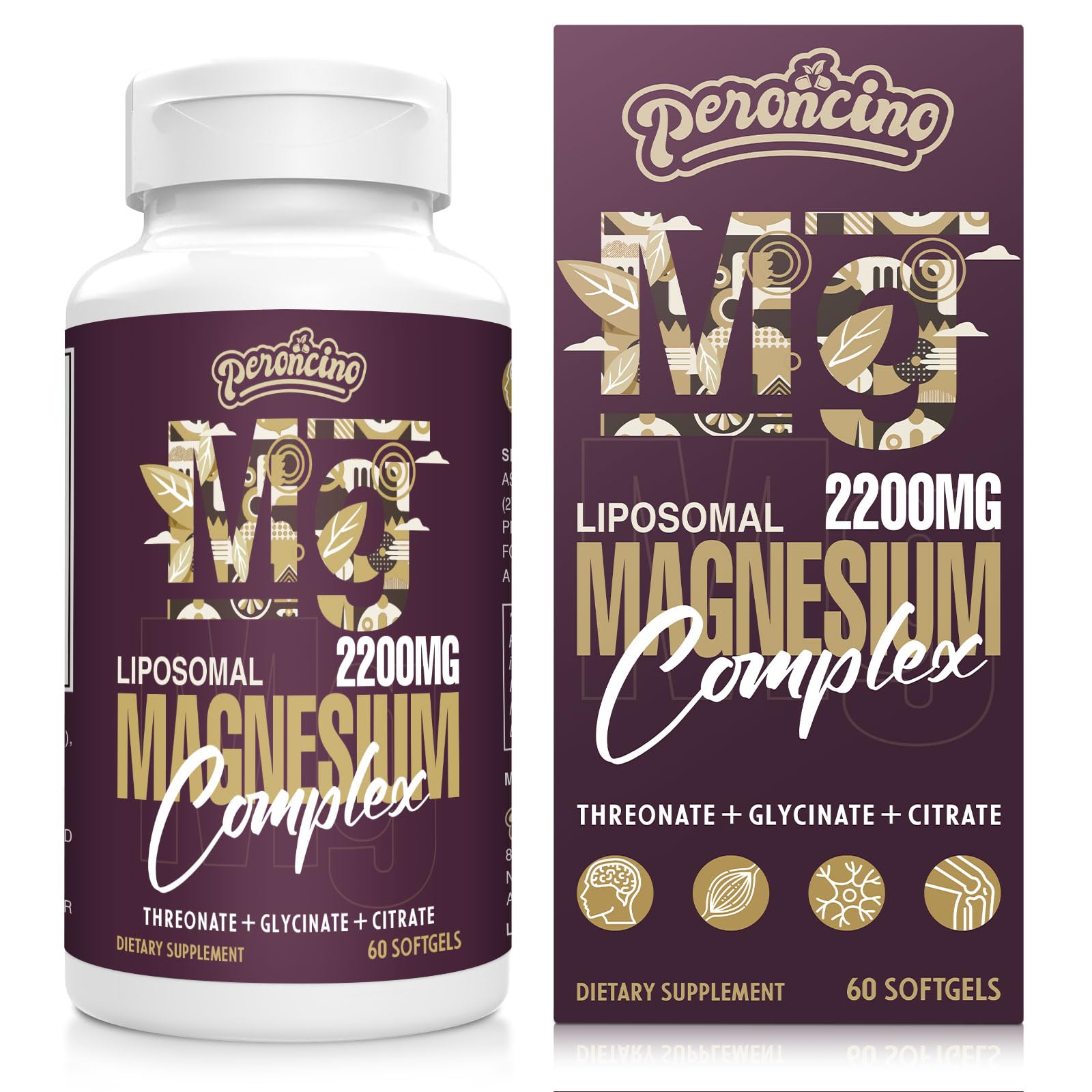 Liposomal Magnesium Complex 2200MG Softgels,Magnesium Threonate, Magnesium Glycinate, Magnesium Citrate, Three-in-one Supplement, Gluten Free, 60 Softgels