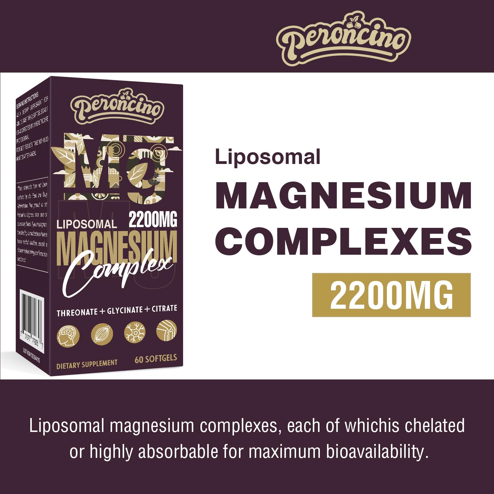 Liposomal Magnesium Complex 2200MG Softgels,Magnesium Threonate, Magnesium Glycinate, Magnesium Citrate, Three-in-one Supplement, Gluten Free, 60 Softgels