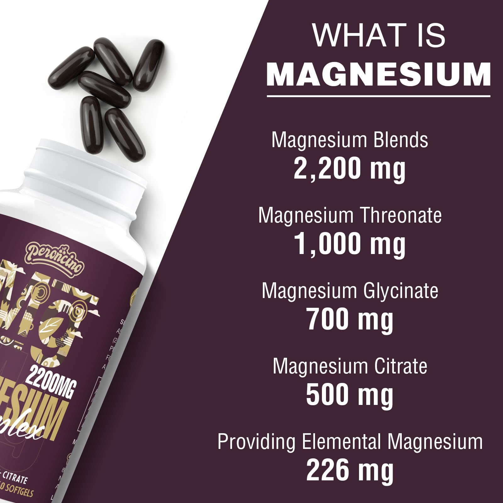 Liposomal Magnesium Complex 2200MG Softgels,Magnesium Threonate, Magnesium Glycinate, Magnesium Citrate, Three-in-one Supplement, Gluten Free, 60 Softgels