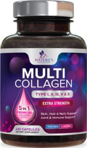 collagen for women & men, type i, ii, iii, v, x collagen pills complex, grass fed non-gmo, nature's hydrolyzed multi collagen peptides supplement, hair, skin, nail, joint health support - 240 capsules