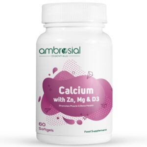 ambrosial calcium magnesium zinc & vitamin d3 | high potency calcium supplement for healthy bones muscles & teeth | highly bioavailable calcium citrate formula 60 softgels