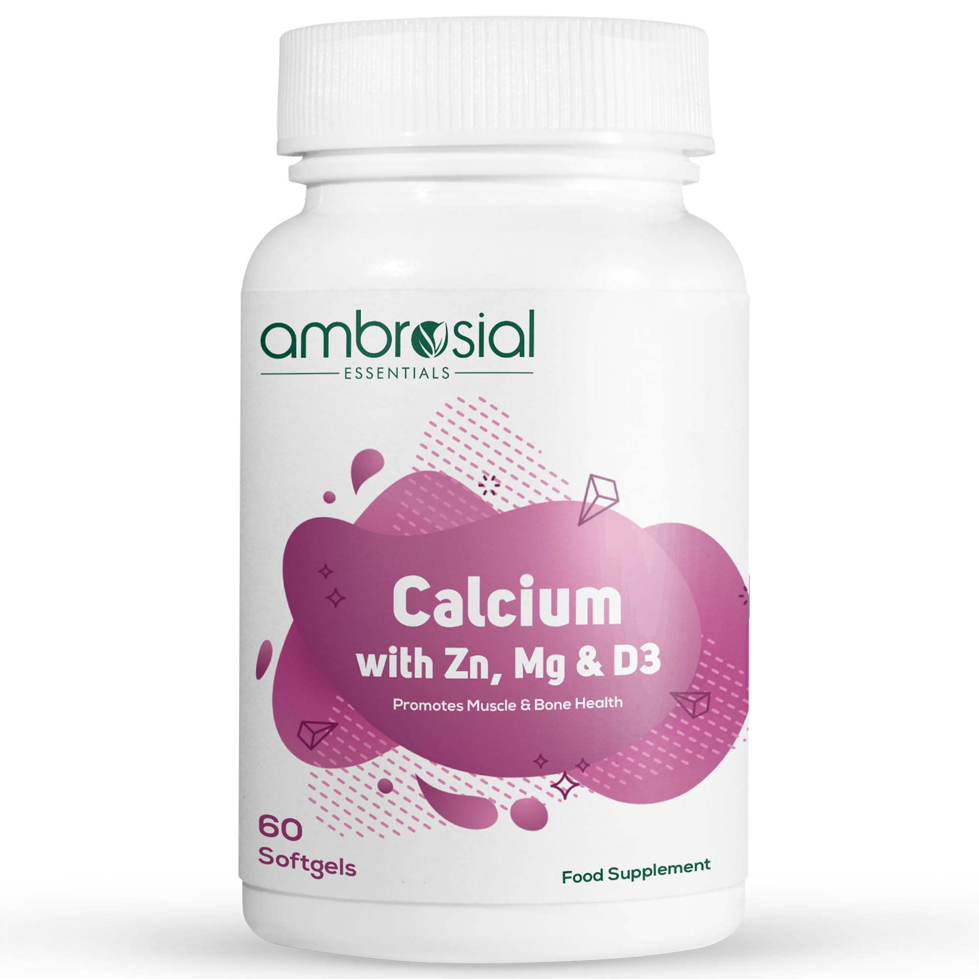 AMBROSIAL Calcium Magnesium Zinc & Vitamin D3 | High Potency Calcium Supplement for Healthy Bones Muscles & Teeth | Highly Bioavailable Calcium Citrate Formula 60 Softgels