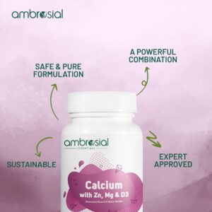 AMBROSIAL Calcium Magnesium Zinc & Vitamin D3 | High Potency Calcium Supplement for Healthy Bones Muscles & Teeth | Highly Bioavailable Calcium Citrate Formula 60 Softgels