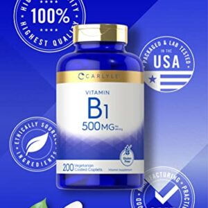 Carlyle Vitamin B1 500mg (Thiamine) | 200 Vegetarian Caplets | Non-GMO and Gluten Free Supplement