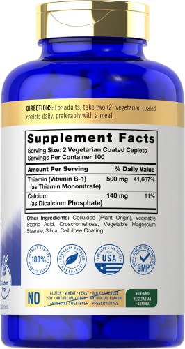 Carlyle Vitamin B1 500mg (Thiamine) | 200 Vegetarian Caplets | Non-GMO and Gluten Free Supplement