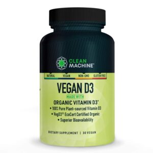 clean machine certified vegan plant based vitamin d3 4000 iu per pill - natural d3 supplement for optimal health - certified organic - 30 vegan capsules