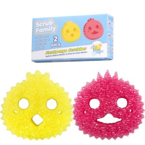 scrub family functional sponge scrubber set - daddy mommy daily scrub sponge, smiley happy face, firm in cold and soft in warm, scratch free, no odor, 2 animal patterns (2ct)