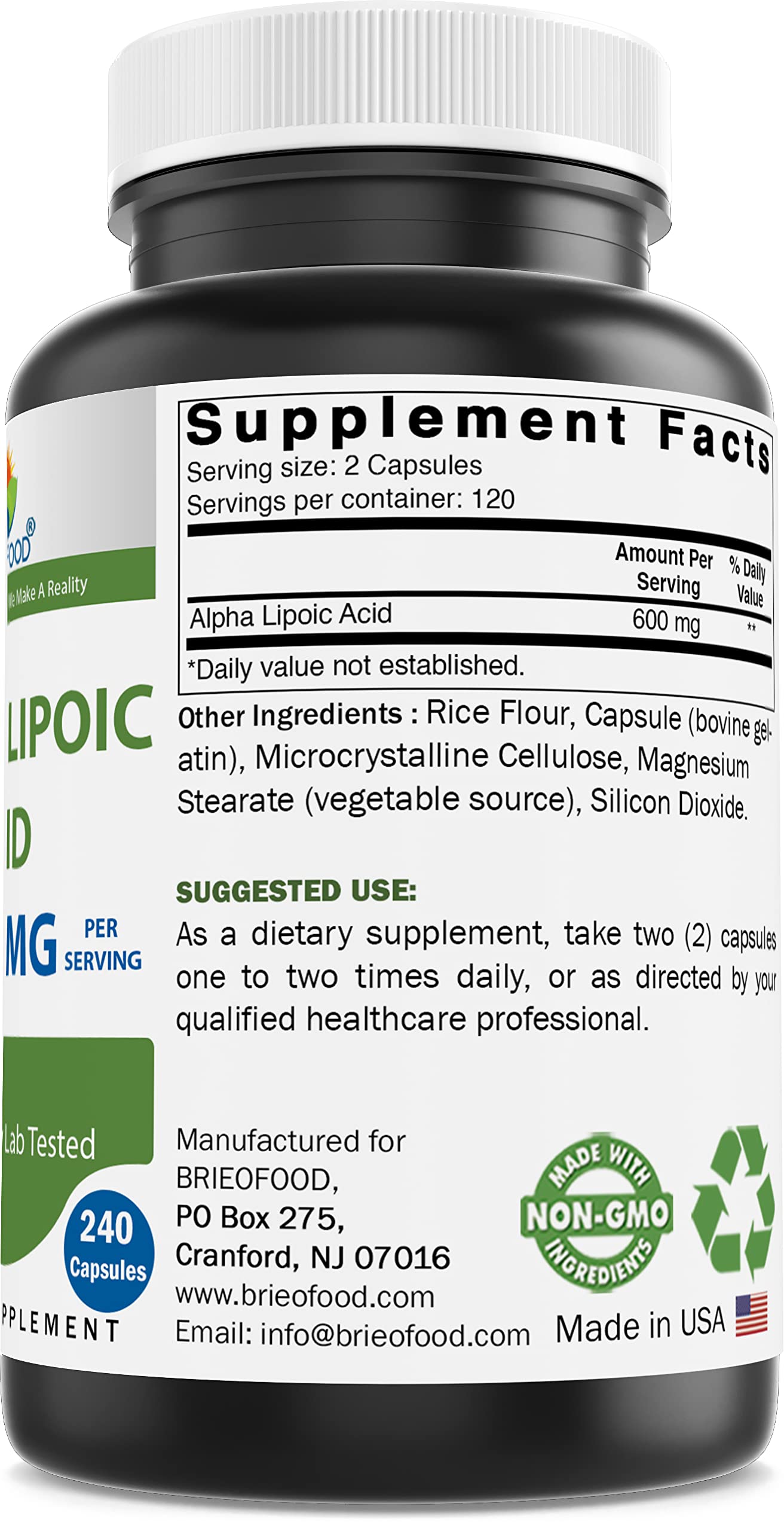 Brieofood Alpha Lipoic Acid 600mg per Serving - 240 Capsules - Non-GMO, Gluten Free