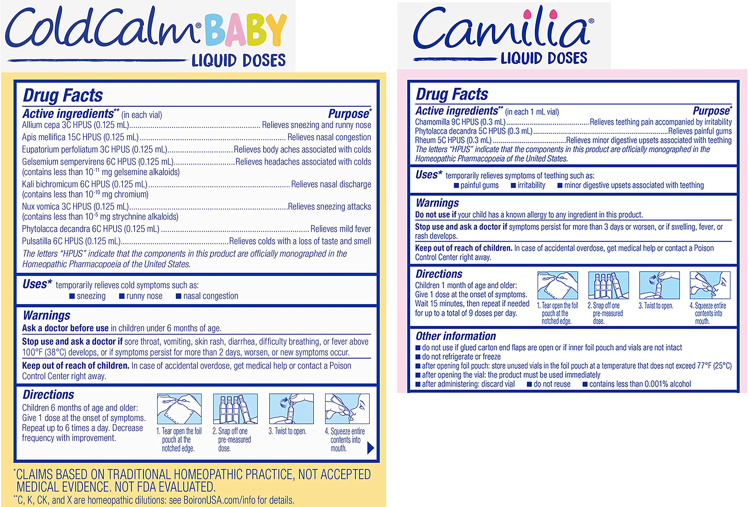 Boiron Camilia Liquid Drops 40 Count and ColdCalm Baby 30 Doses - Bundle Pack