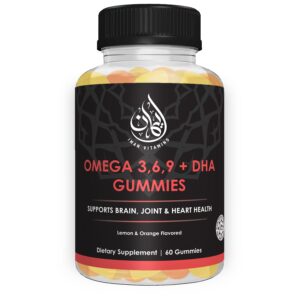 iman vitamins halal omega 3 6 9 + dha gummies for adults | supports eyes, brain, immune & heart health | vegetarian & gluten free| vitamin c, essential fatty acids & plant-based | 60 count