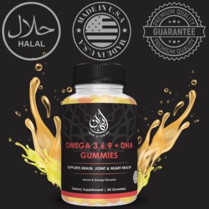 Iman Vitamins Halal Omega 3 6 9 + DHA Gummies for Adults | Supports Eyes, Brain, Immune & Heart Health | Vegetarian & Gluten Free| Vitamin C, Essential Fatty Acids & Plant-Based | 60 Count