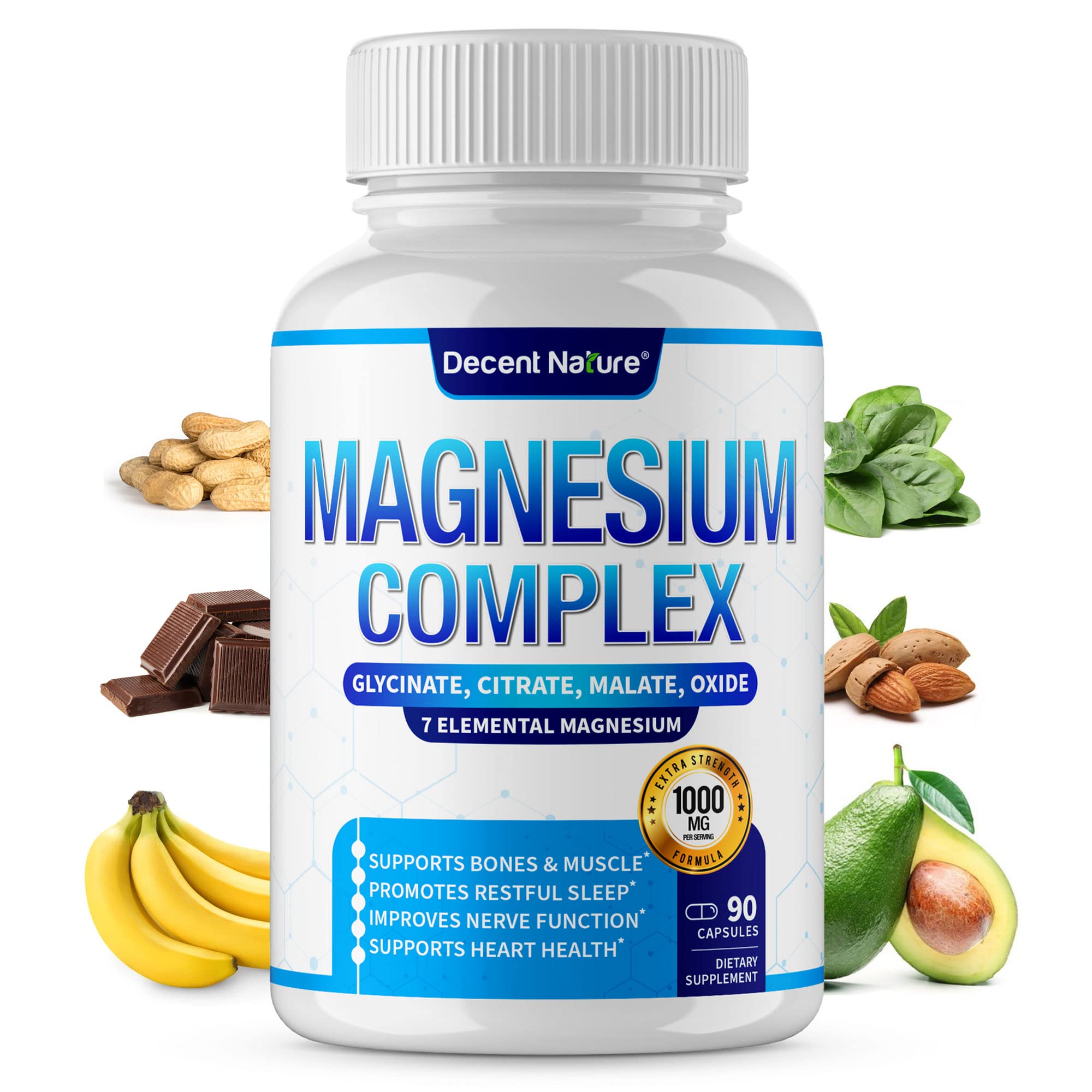 Magnesium Complex 7 Elemental Magnesium Supplement 1000mg – Magnesium Glycinate, Citrate, Malate, Taurate, Oxide, Aspartate, Orotate Non-GMO 90 Capsules