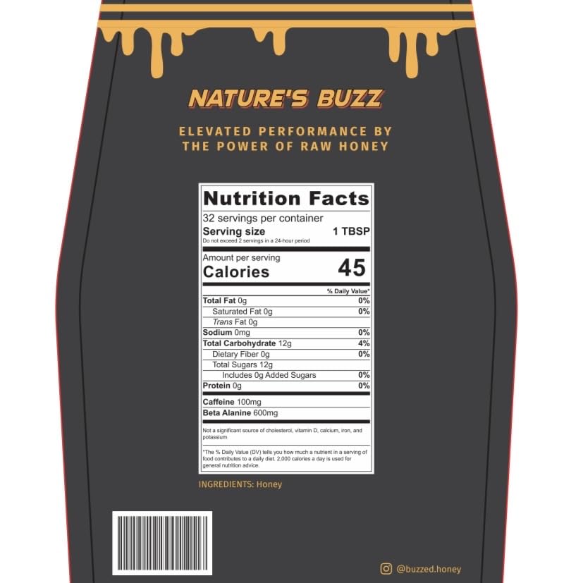 Buzzed Honey - 16oz (32 servings), Raw Unfiltered Honey, Preworkout, Natural, Clean Energy, Caffeinated, Strength, Endurance & Energy