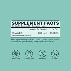 Ora Organic Vitamin B12 1500mcg - plant-based methylcobalamin for adults - Natural stimulant-free energy, Raspberry flavor chewable tablets, no added sugar - 30 tablets