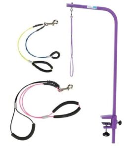 downtown pet supply dog grooming arm with clamp and grooming loop, 2 haunch, purple - adjustable, steel grooming table arm with table clamp, no sit haunch holder dog grooming restraint and loop