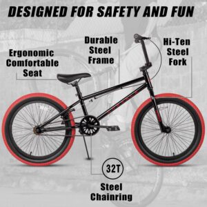 cubsala 18 Inch Big Kids BMX Bicycle Freestyle Bike for Age 5 6 7 8 9 Years Old Boys Girls and Youth Beginners, Black with Red Tires