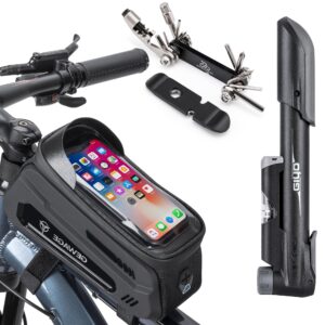 gewage bicycle phone mount bag & bicycle tire pump, bike multitool with tyre lever - bike tool kits for repair and maintenance at home or on the road