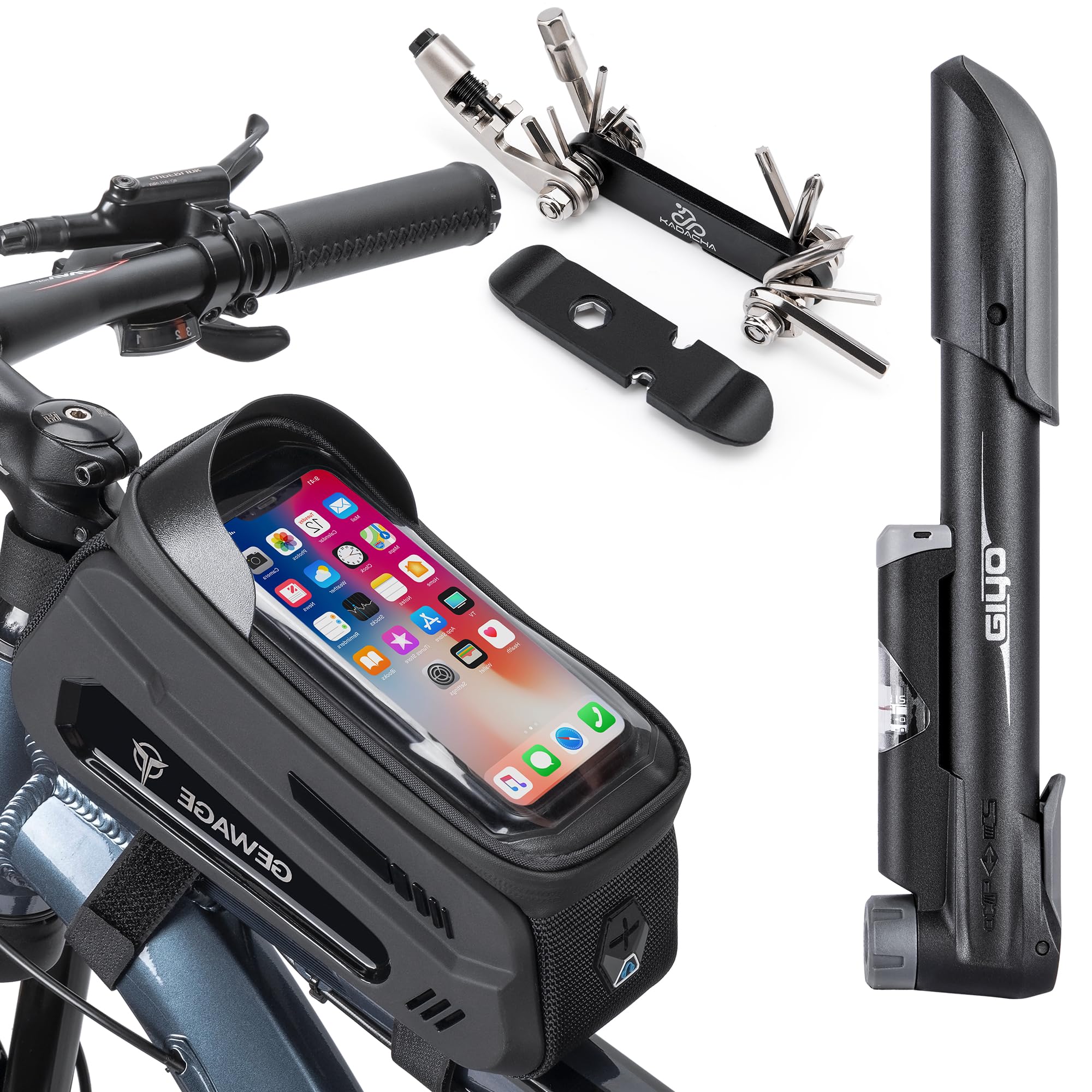 GEWAGE Bicycle Phone Mount Bag & Bicycle Tire Pump, Bike Multitool with Tyre Lever - Bike Tool Kits for Repair and Maintenance at Home or On The Road