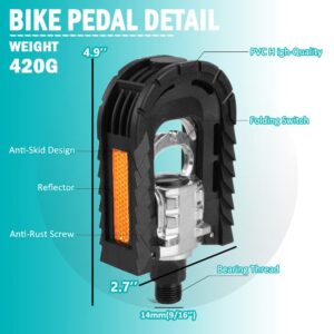 Bike Pedals, Folding Bike Pedals Universal 9/16'' with Reflective Strips | Aluminum | Non-Slip | Waterproof | Wide Flat Cycling Foldable Pedals for Ebike, Urban Commute, MTB Bikes