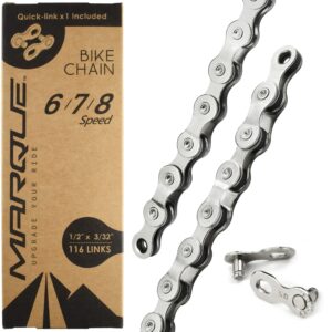 marque 6/7/8 speed bike chain - bicycle chain for road & mountain bike, quick link included for easy installation, 1/2 x 3/32 inch, 116 links - mtb chains replacement (6/7/8 speed chain, 1 set)