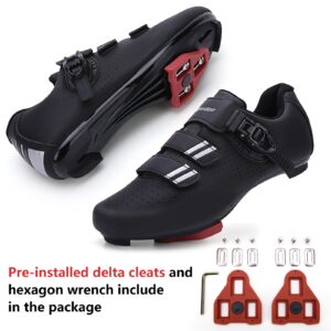 Mens Womens Cycling Shoes Compatible with Pelaton Bike Shoes Road Bike Shoes Riding Bicycle Pre-installed with Delta Cleats Clip Indoor Outdoor Pedal Size 7 Black