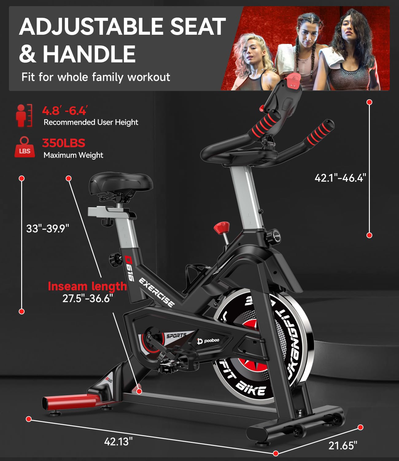 Pooboo Magnetic Exercise Bike Stationary, Indoor Cycling Bike with Built-In Bluetooth Sensor Compatible with Exercise bike apps& Ipad Mount, Comfortable seat and Slant Board, Silent Belt Drive, 350LBS