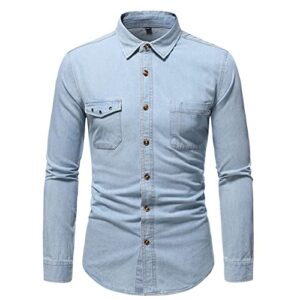 mens denim shirts vintage long sleeve soft cotton pocket button up jeans shirt streetwear c214-light blue 3xl