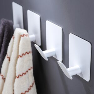 deliton adhesive towel hooks/bathroom wall hooks - white heavy duty self adhesive hooks stick on hanging robes coats clothes for bedroom kitchen door, stainless steel 4 pack