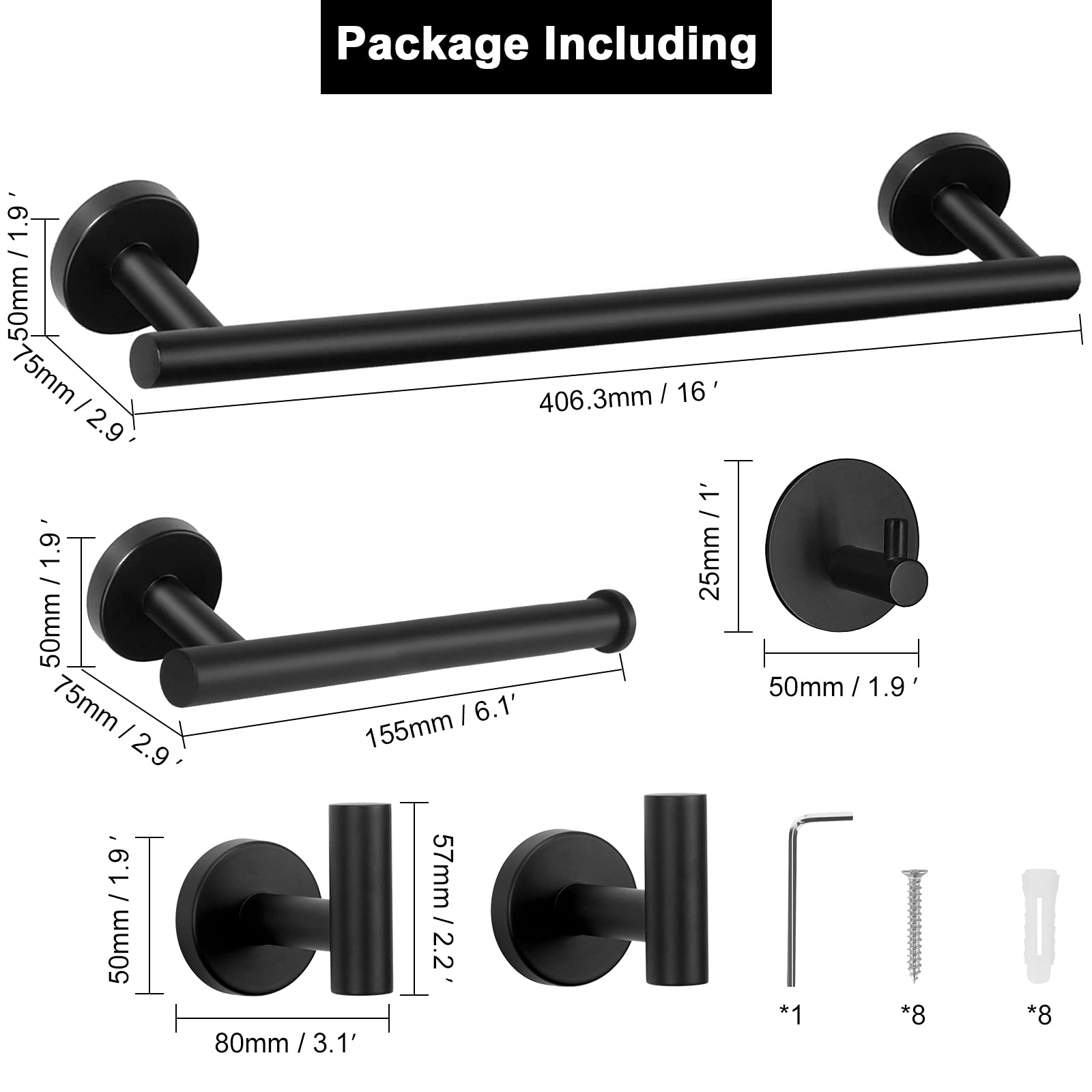 NearMoon 5 Pcs Bathroom Hardware Set SUS 304 Thicken Stainless Steel-Towel Bar Set Include 16" Towel Rod+Toilet Paper Holder+3 Multifunctional Hooks Bathroom Accessories (Matte Black)