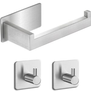 gewtur toilet paper holder, self adhesive toilet roll holder with 2 pcs towel hook no drilling for bathroom, kitchen, washroom, sus304 stainless steel brushed nickel