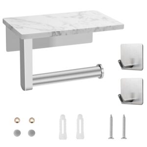 Hronta Toilet Paper Holder with Marble Shelf, SUS304 Stainless Steel Wall Mounted Toilet Paper Holder and 2PCS Adhesive Hooks for Bathroom Washroom, Marble Top Toilet Paper Holder Brushed Nickel