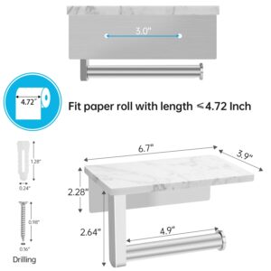 Hronta Toilet Paper Holder with Marble Shelf, SUS304 Stainless Steel Wall Mounted Toilet Paper Holder and 2PCS Adhesive Hooks for Bathroom Washroom, Marble Top Toilet Paper Holder Brushed Nickel