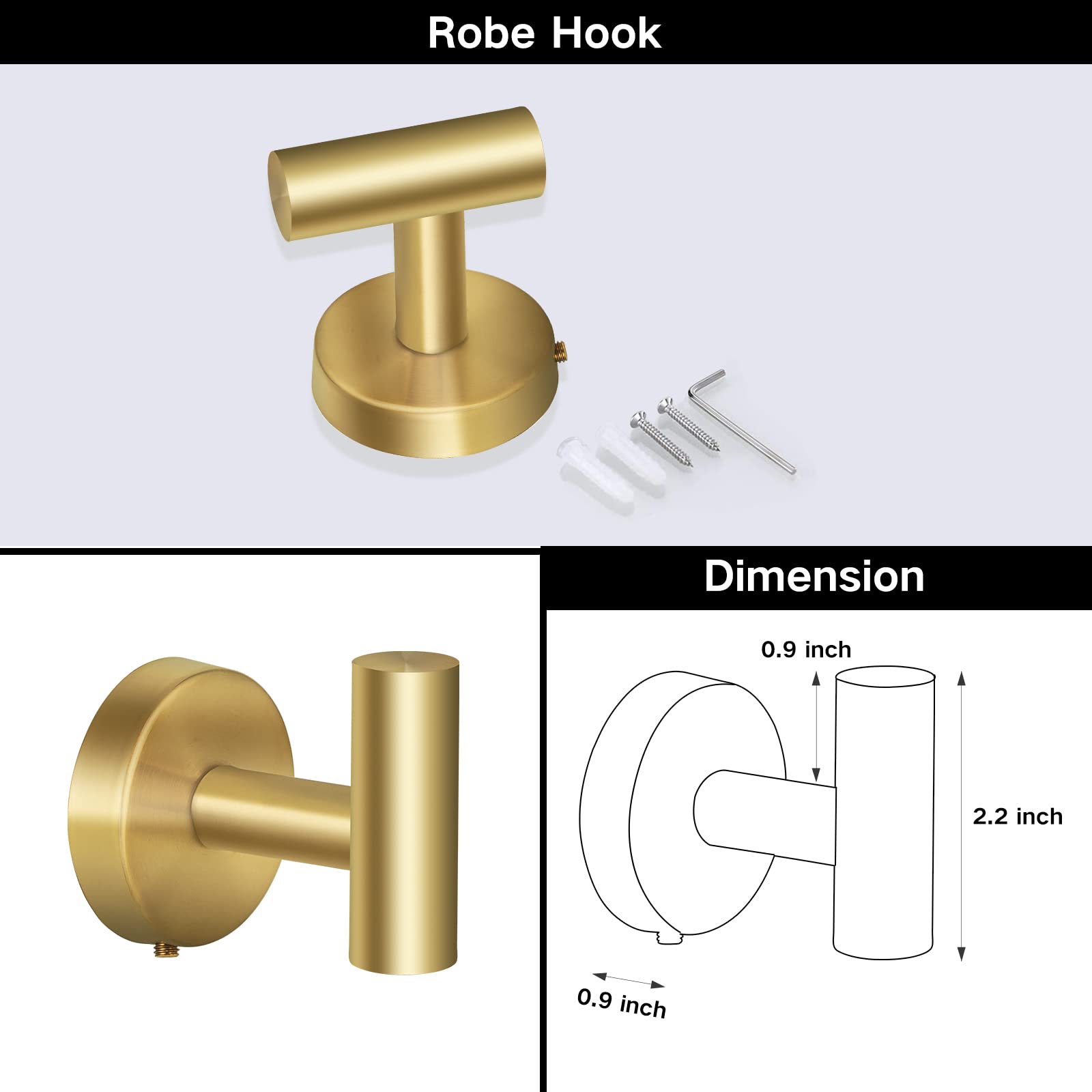 Augegel Towel Hooks Bathroom Coat Hook Robe Hook Stainless Steel Heavy Duty Door Hanger Towel Robe Clothes Cabinet Closet Sponges Wall Hook for Bathroom Bedroom Kitchen Hotel Pool 4 Packs (Gold)