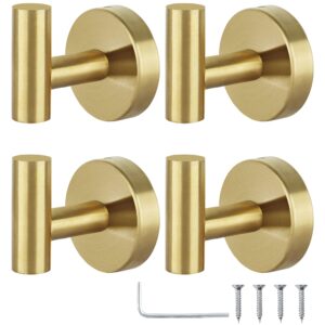 towel hooks bathroom coat hook robe hook stainless steel heavy duty door hanger towel robe clothes cabinet closet sponges wall hook for bathroom bedroom kitchen hotel pool 4 packs (gold)