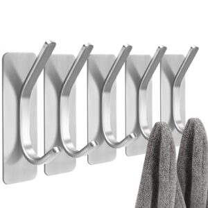 tivcck adhesive towel hook,5 pack adhesive wall hooks,stick on wall hooks for hanging robe coat,metal adhesive hooks heavy duty,stainless steel bath towel hooks for bathrooms kitchen,silver