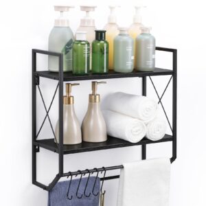 bath towel shelf 2 tier towel rack wall mount towel holder with shelf bathroom shelves with towel bar and hooks industrial wall shelf over toilet for towel tissue storage organizer, modern black