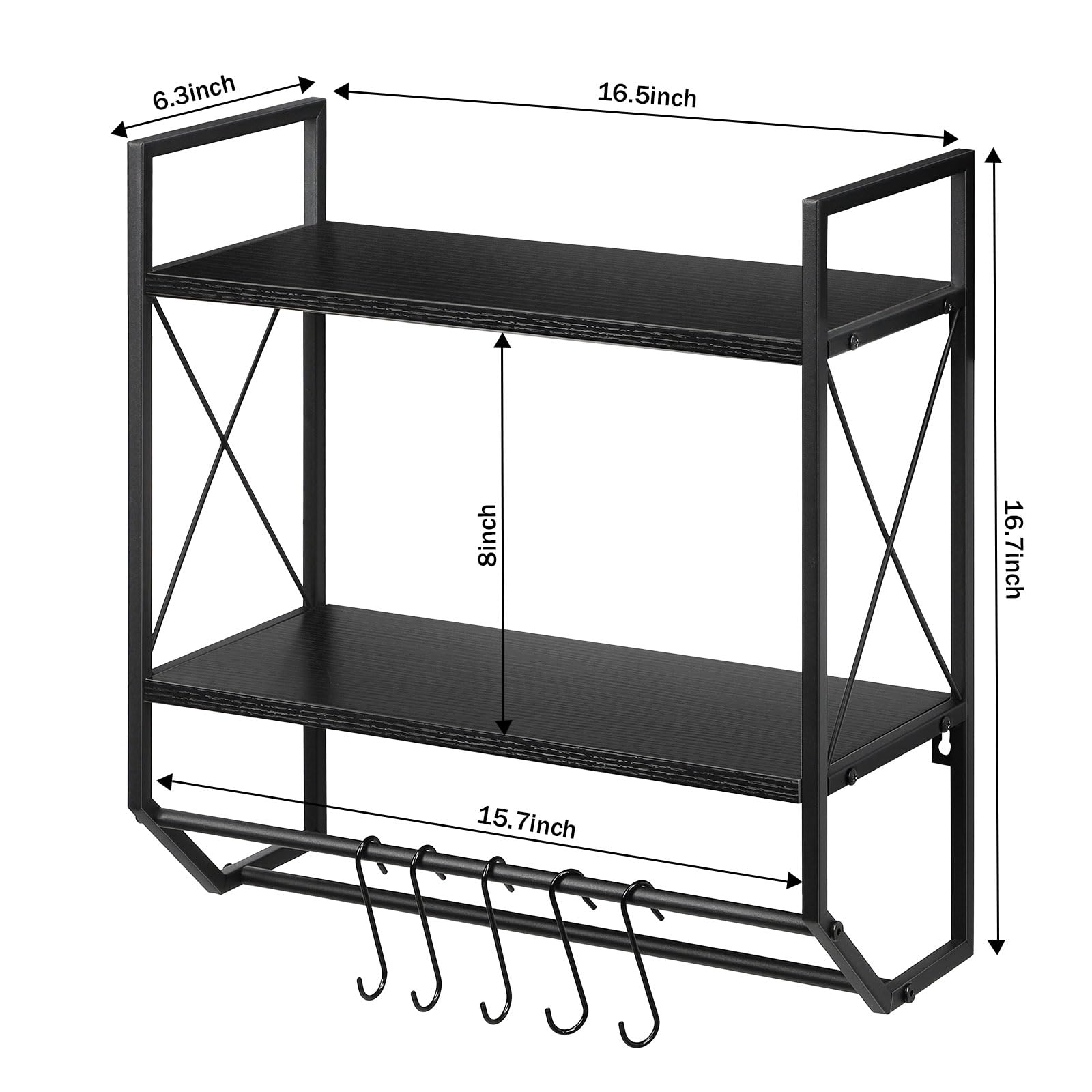 Bath Towel Shelf 2 Tier Towel Rack Wall Mount Towel Holder with Shelf Bathroom Shelves with Towel Bar and Hooks Industrial Wall Shelf Over Toilet for Towel Tissue Storage Organizer, Modern Black