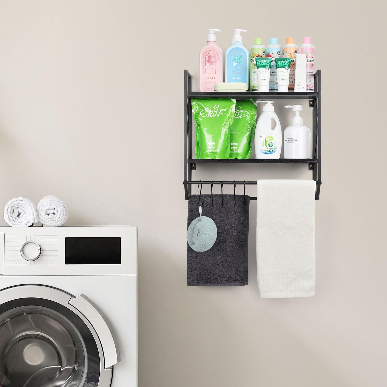 Bath Towel Shelf 2 Tier Towel Rack Wall Mount Towel Holder with Shelf Bathroom Shelves with Towel Bar and Hooks Industrial Wall Shelf Over Toilet for Towel Tissue Storage Organizer, Modern Black