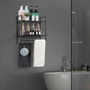 Bath Towel Shelf 2 Tier Towel Rack Wall Mount Towel Holder with Shelf Bathroom Shelves with Towel Bar and Hooks Industrial Wall Shelf Over Toilet for Towel Tissue Storage Organizer, Modern Black