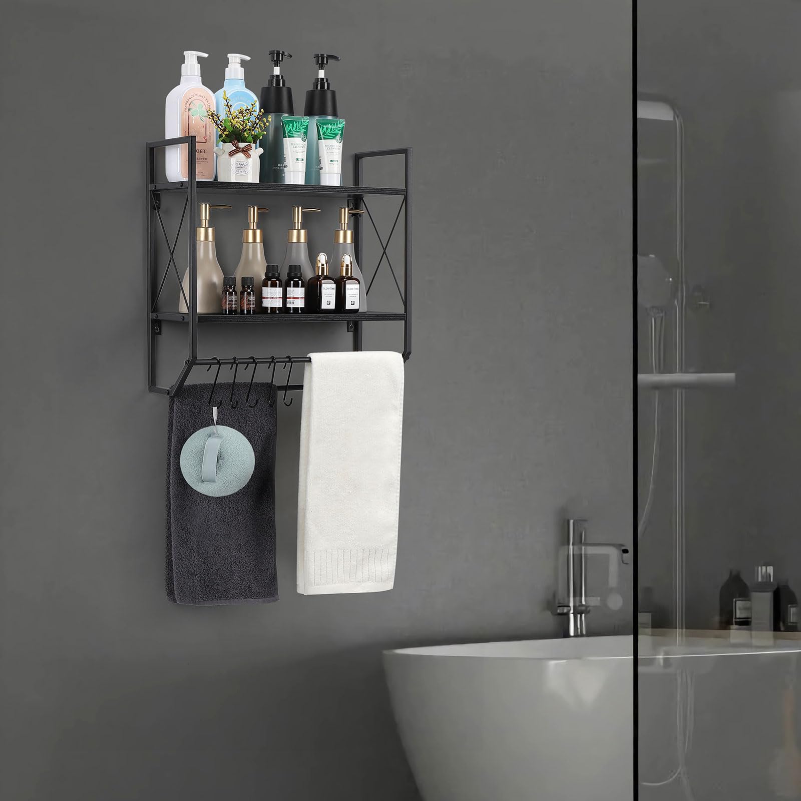 Bath Towel Shelf 2 Tier Towel Rack Wall Mount Towel Holder with Shelf Bathroom Shelves with Towel Bar and Hooks Industrial Wall Shelf Over Toilet for Towel Tissue Storage Organizer, Modern Black