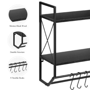 Bath Towel Shelf 2 Tier Towel Rack Wall Mount Towel Holder with Shelf Bathroom Shelves with Towel Bar and Hooks Industrial Wall Shelf Over Toilet for Towel Tissue Storage Organizer, Modern Black