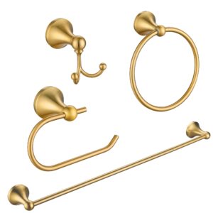 fropo 4 pcs gold bathroom hardware set - brushed brass gold bathroom accessories kit, stainless steel wall mounted 23.6 inch towel bar | towel hook | toilet paper holder | hand towel holder