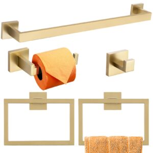 turs 5-pieces bathroom hardware set brushed gold towel bar set include single towel bar 2 towel rings toilet paper holder and towel hook, stainless steel towel holder set wall mount