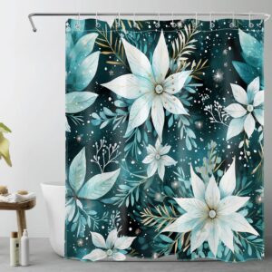 eobtain vintage christmas shower curtain for bathroom watercolor flower and pine plant leaf on teal shower curtain with 10 hooks modern abstract botanical bathroom curtains shower set 60" wx72 l.